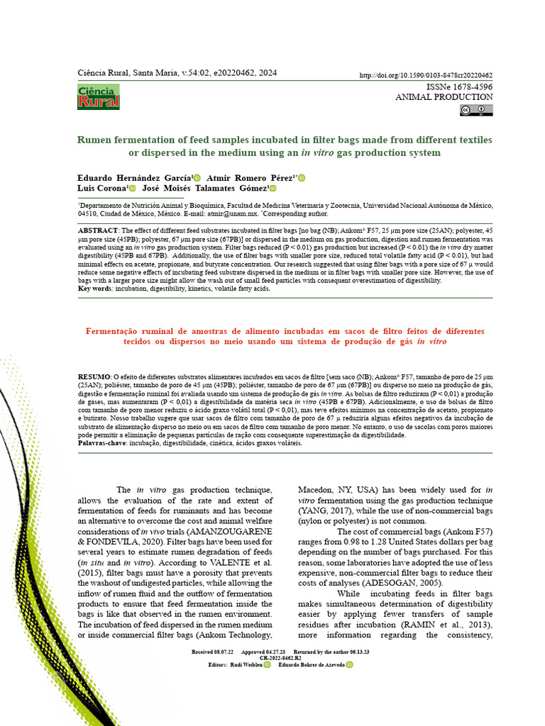 Rumen Fermentation of Feed Samples Incubated in Filter Bags Made From ...