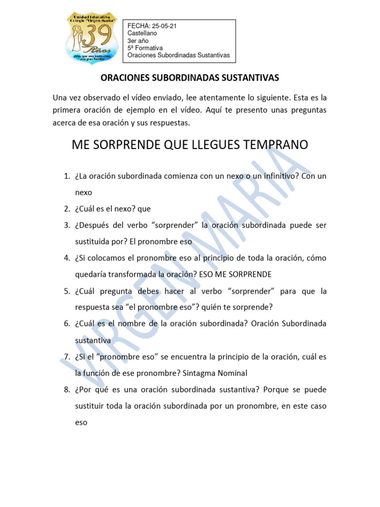 Orac Sub Sust 3er Año | PDF | Oración (Lingüística) | Pronombre