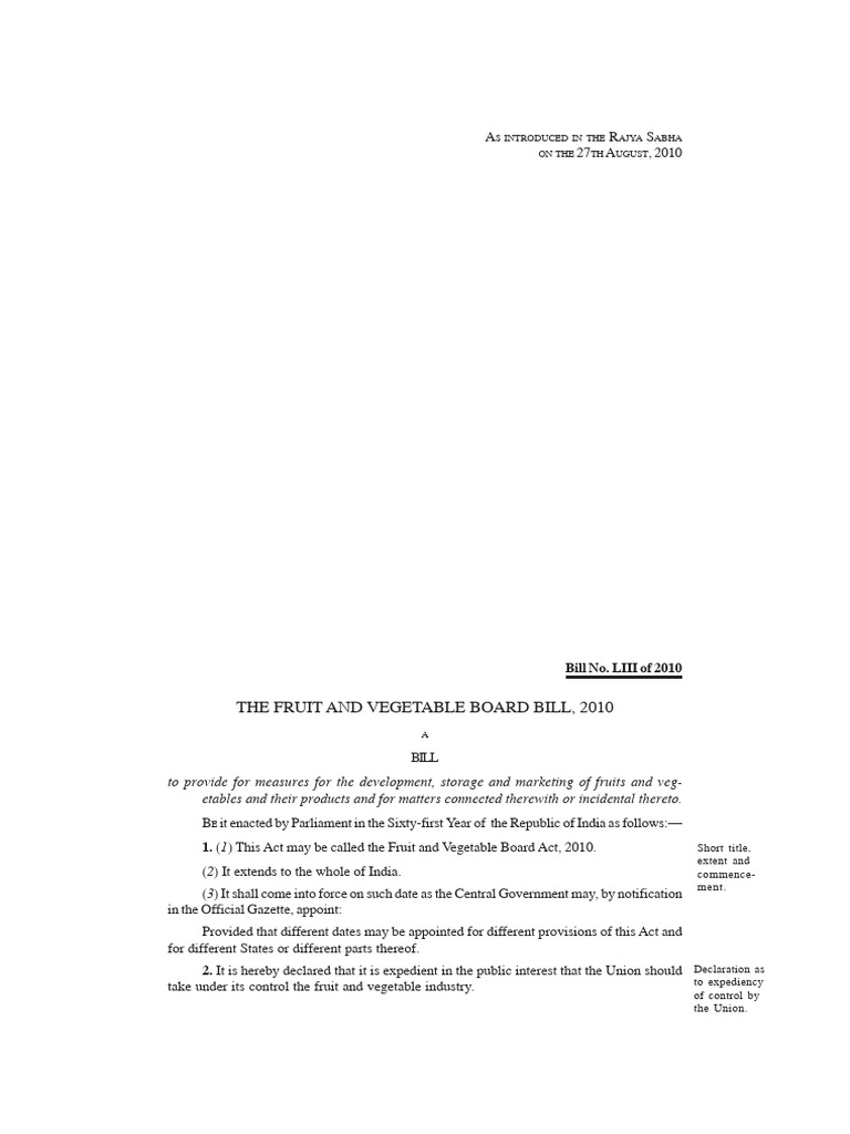 Fruit and Vegetable Board Bill 2010 | PDF | Government Of India ...