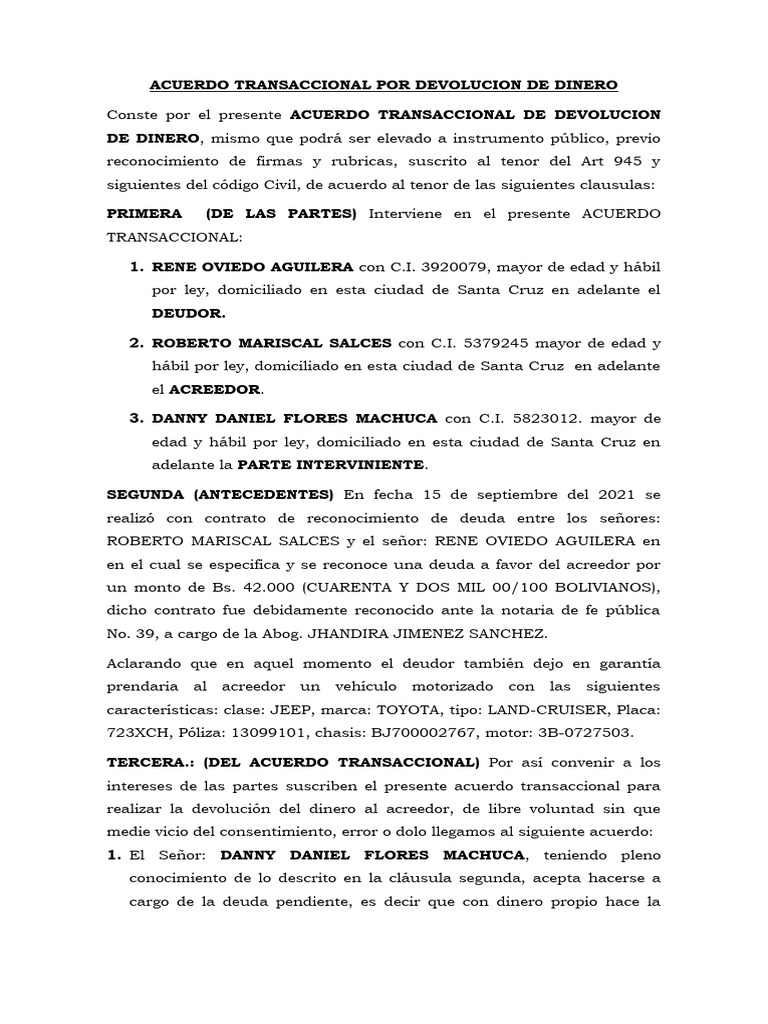 Acuerdo Transaccional Devolucion de Dinero | PDF