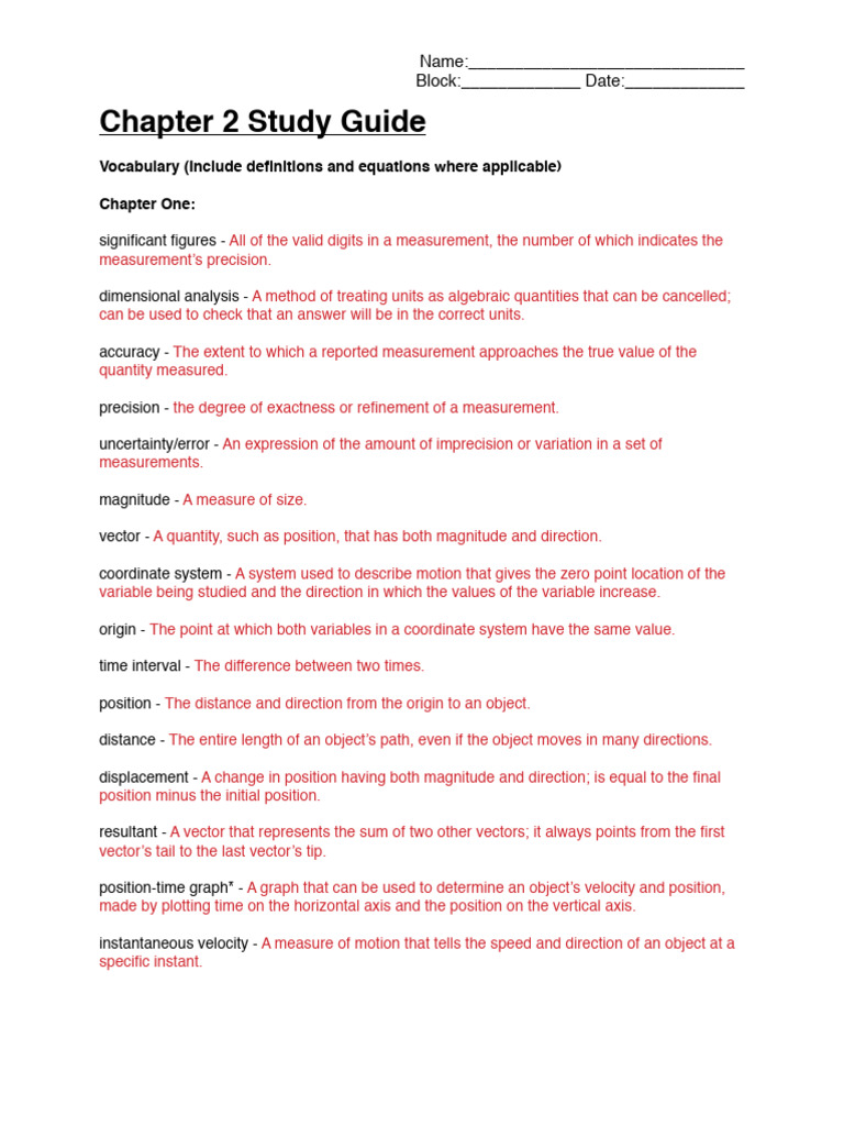 Chapter 2 Study Guide KEY | PDF | Velocity | Speed