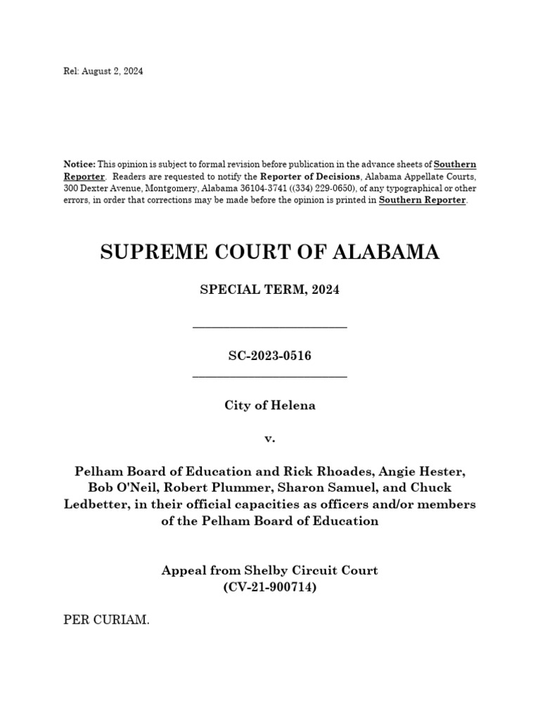 Alabama Supreme Court Ruling: Helena v. Pelham Board | PDF | Injunction ...