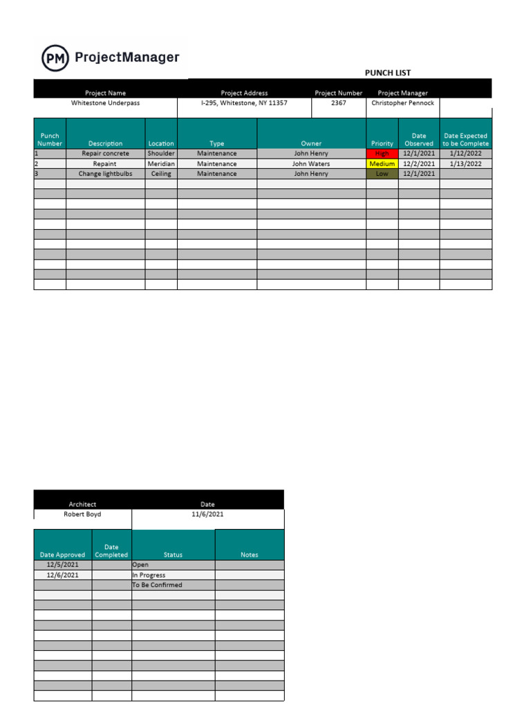 Free Punch List Template ProjectManager WLNK | PDF