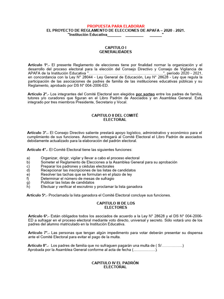 Reglamento de Elecciones APAFA 2020-2021 | PDF | Votación | Documento ...