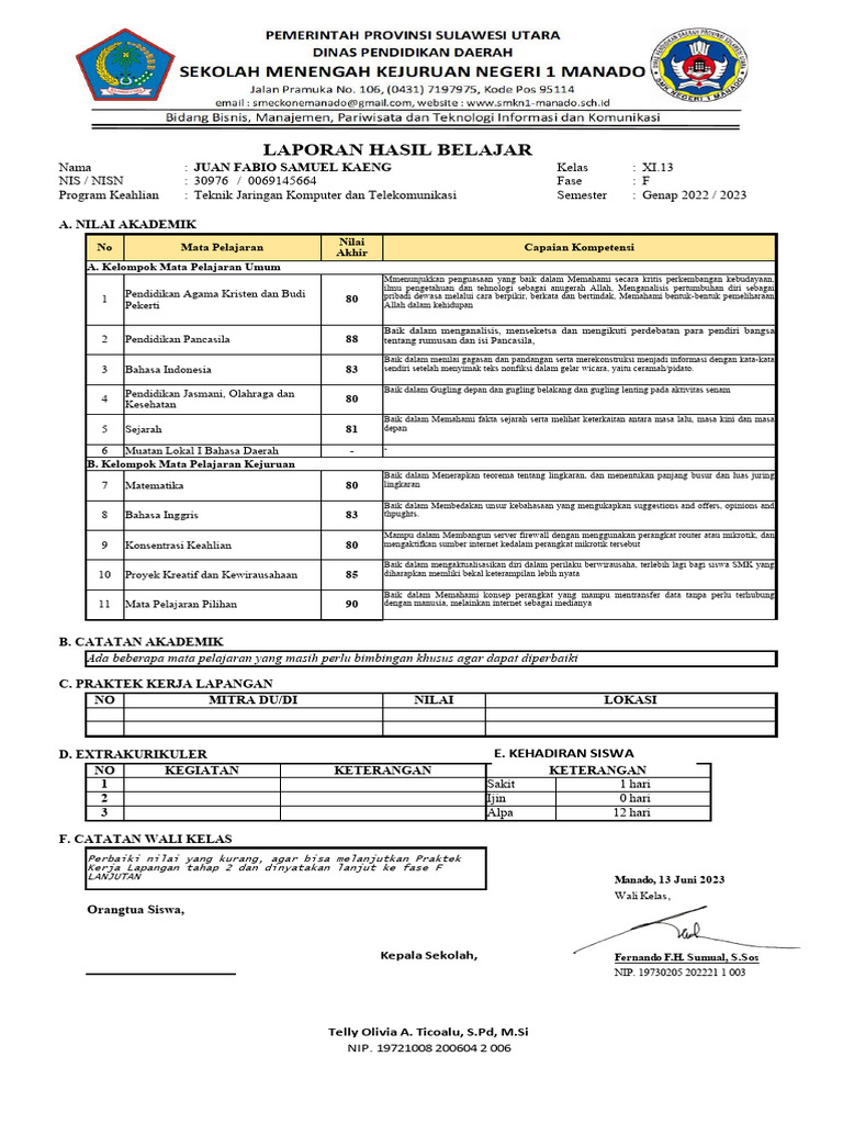 Rapor Kurikulum Merdeka SMK | PDF