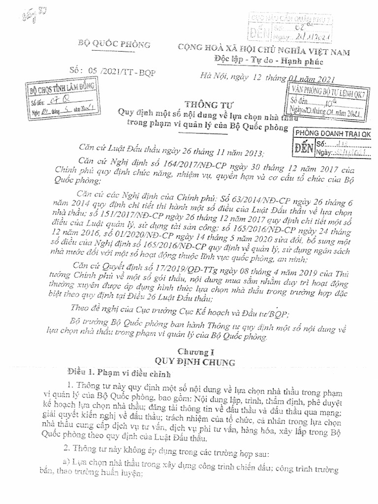 TT 05.2021.TT-BQP Quy Định Một Số Nội Dung Về Lựa Chọn Thầu Trong Phạm Vi Quản Lý Của BQP | PDF