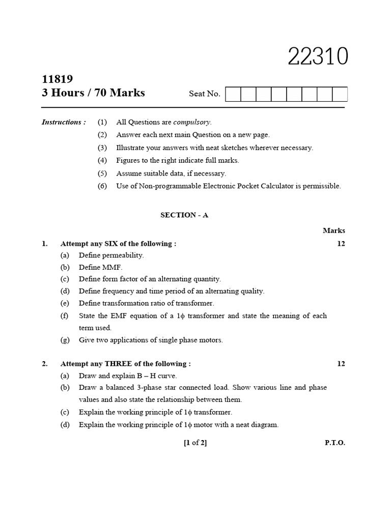 BEE question papers | PDF | Transformer | Inductor