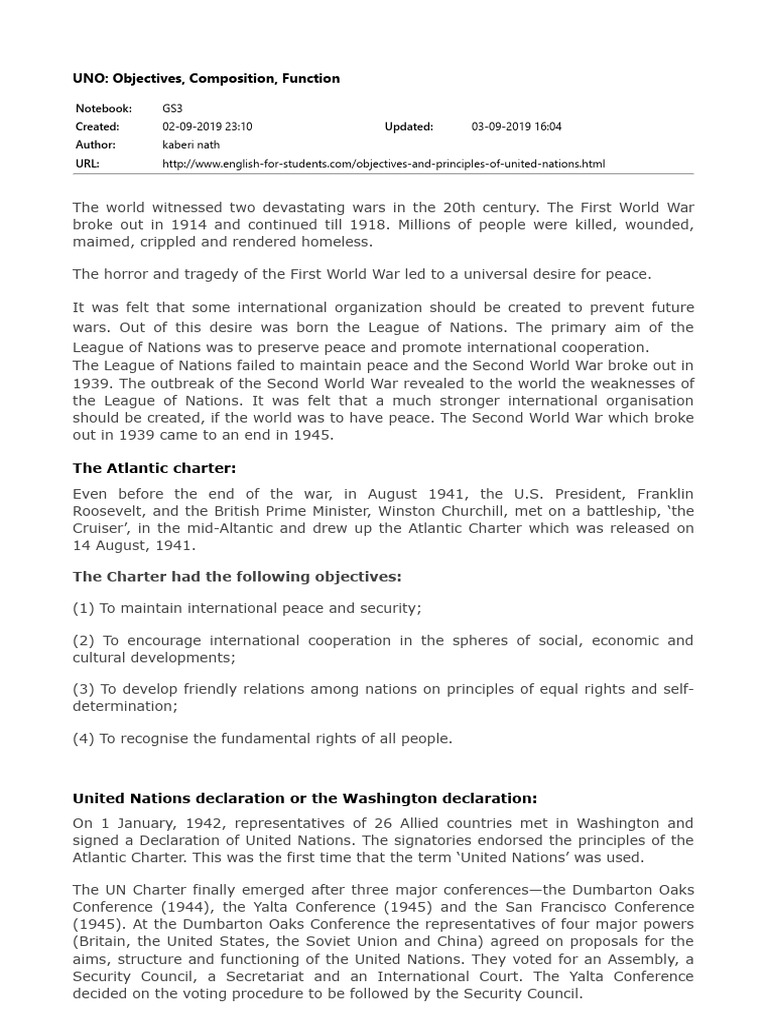 UNO - Objectives, Composition and Role | PDF | United Nations ...