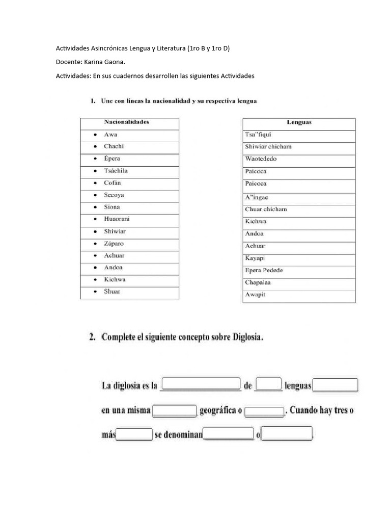 Actividades Asincrónicas Lengua 1ro B y D | PDF