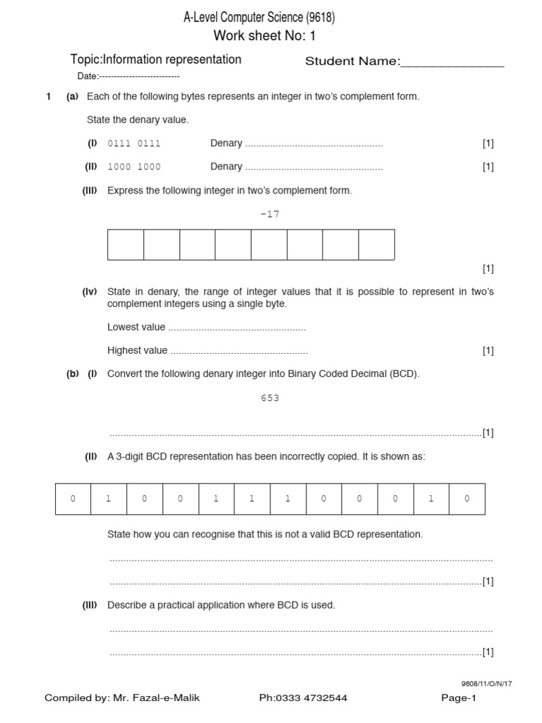 P1 Worksheet Chapter-1 | PDF | Data Compression | Binary Coded Decimal