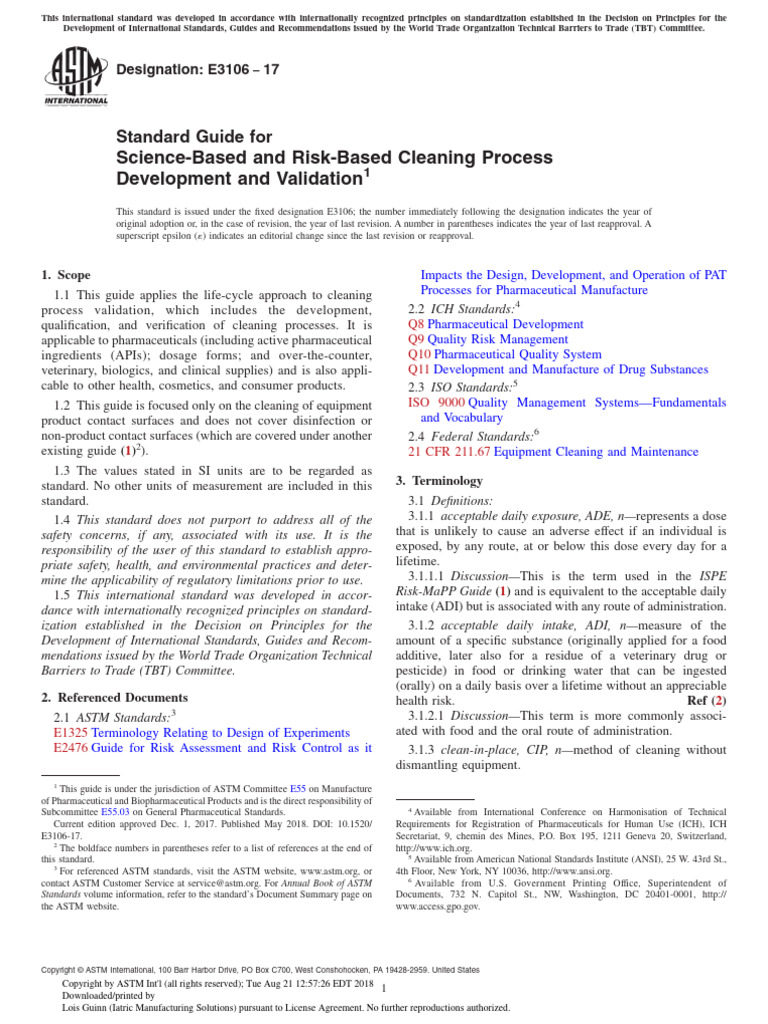 ASTM E3106-17 Science-Based and Risk Based Cleaning Process Development and Validation | PDF ...