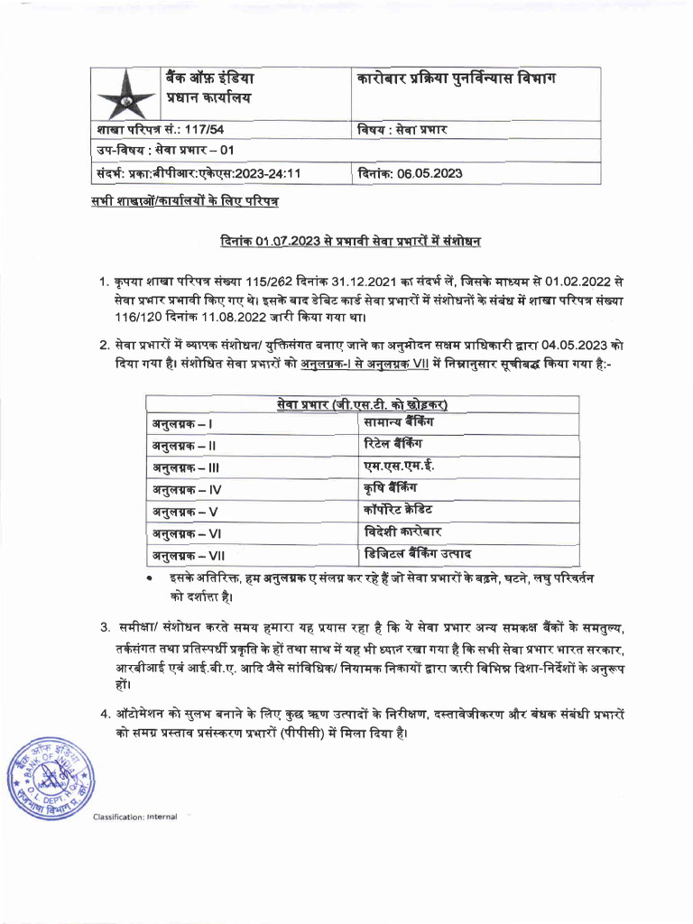 Bank of India Service Charges Update | PDF | Cheque | Banks