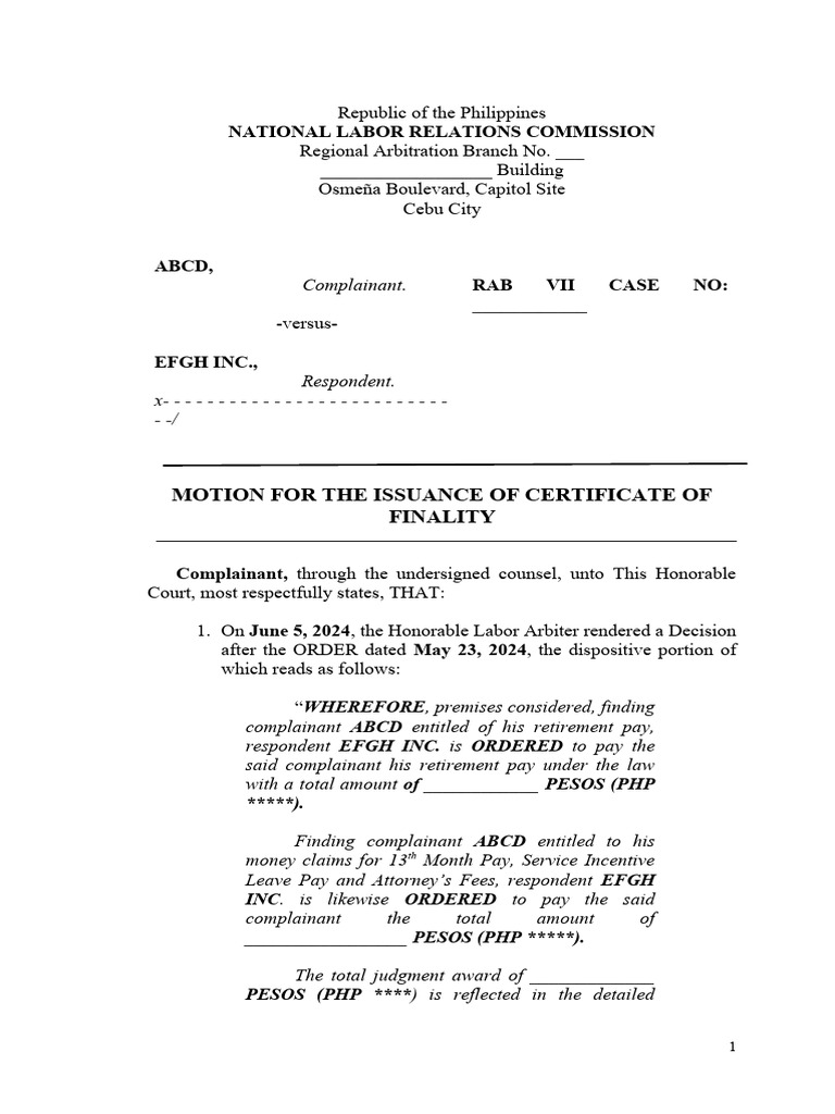 Sample Motion For Issuance of Certificate of Finality | PDF | Common Law | Public Law