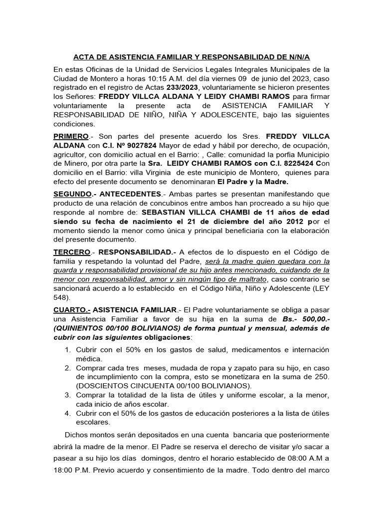 Acta de Asistencia Familiar y Responsabilidad de n l Leidy Chambi Aldana | PDF | Justicia ...