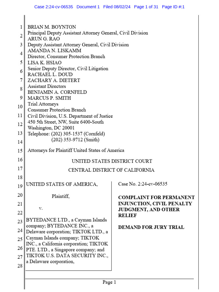 DOJ TikTok Complaint | PDF | User (Computing) | Complaint
