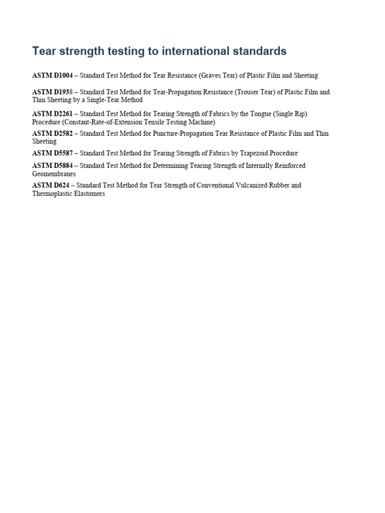 Tear Strength Testing To International Standards | PDF