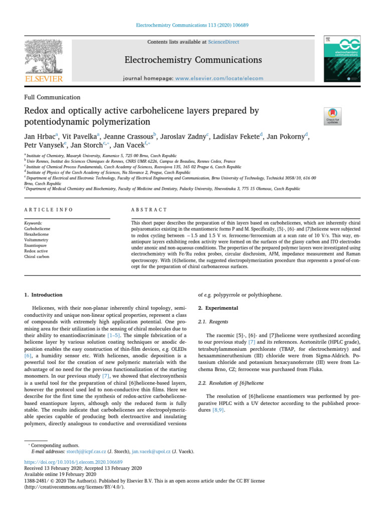 Redox and Optically Active Carbohelicene Layers Prepared by ...