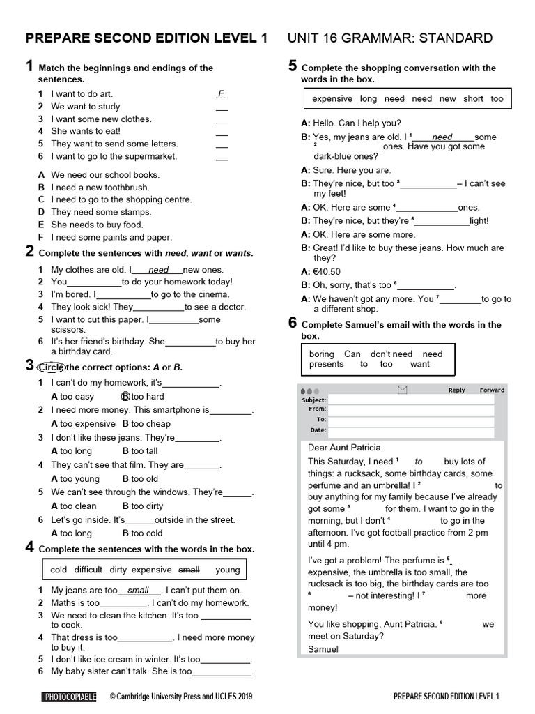 PREPARE 1 Grammar Standard Unit 16 | PDF