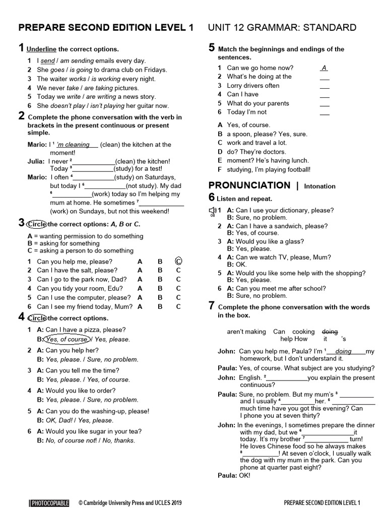 PREPARE 1 Grammar Standard Unit 12 | PDF