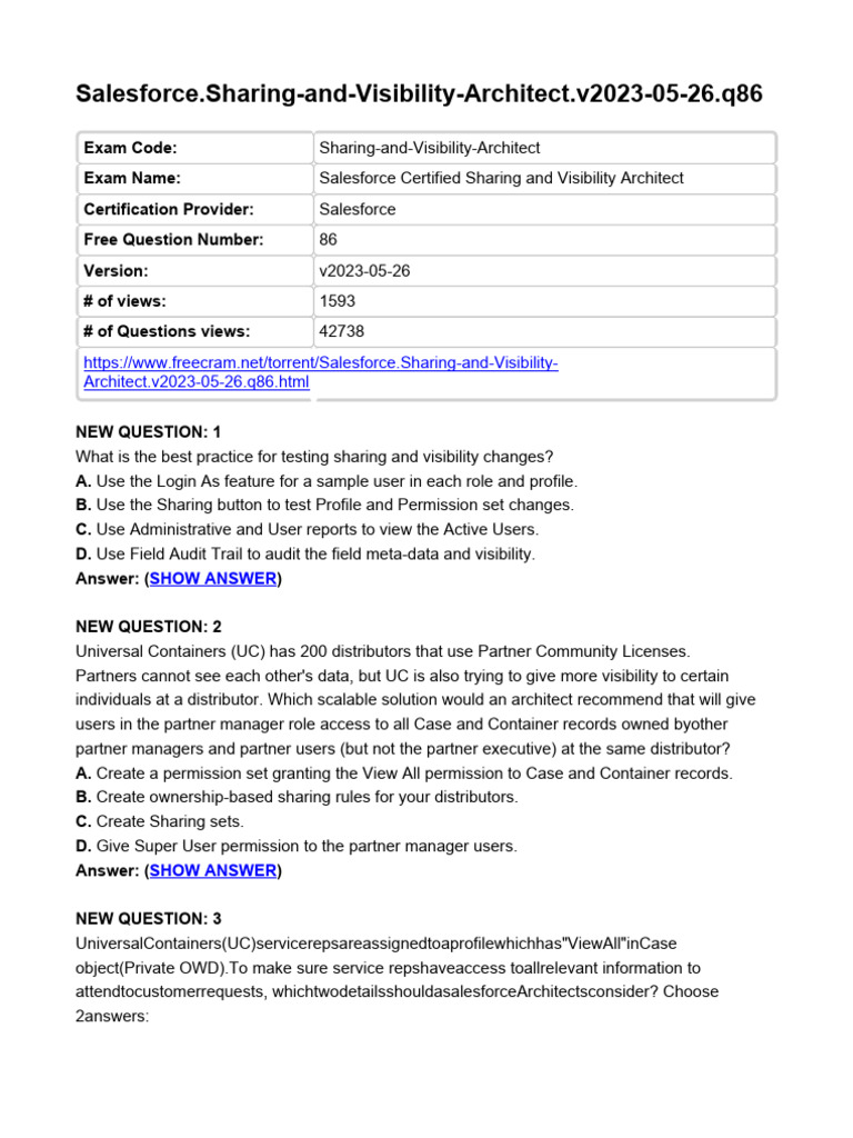Salesforce Sharing And Visibility Architect V2023 05 26 Q86 Pdf Encryption Cloud Computing