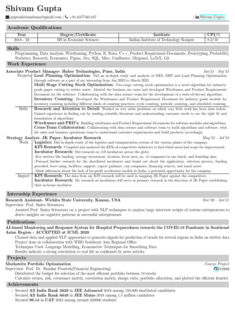 Shivam Gupta Resume | PDF | Applied Mathematics