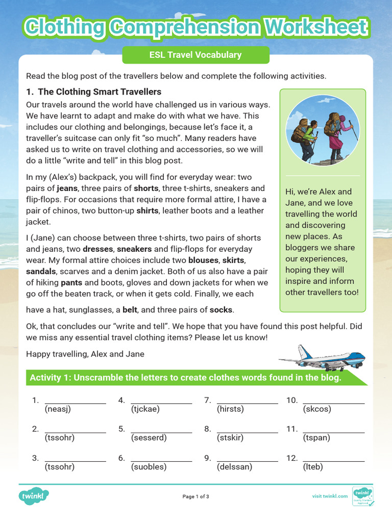 T 1679914842 Esl Travel Vocabulary Clothing Worksheet Adults b1 b2 ...