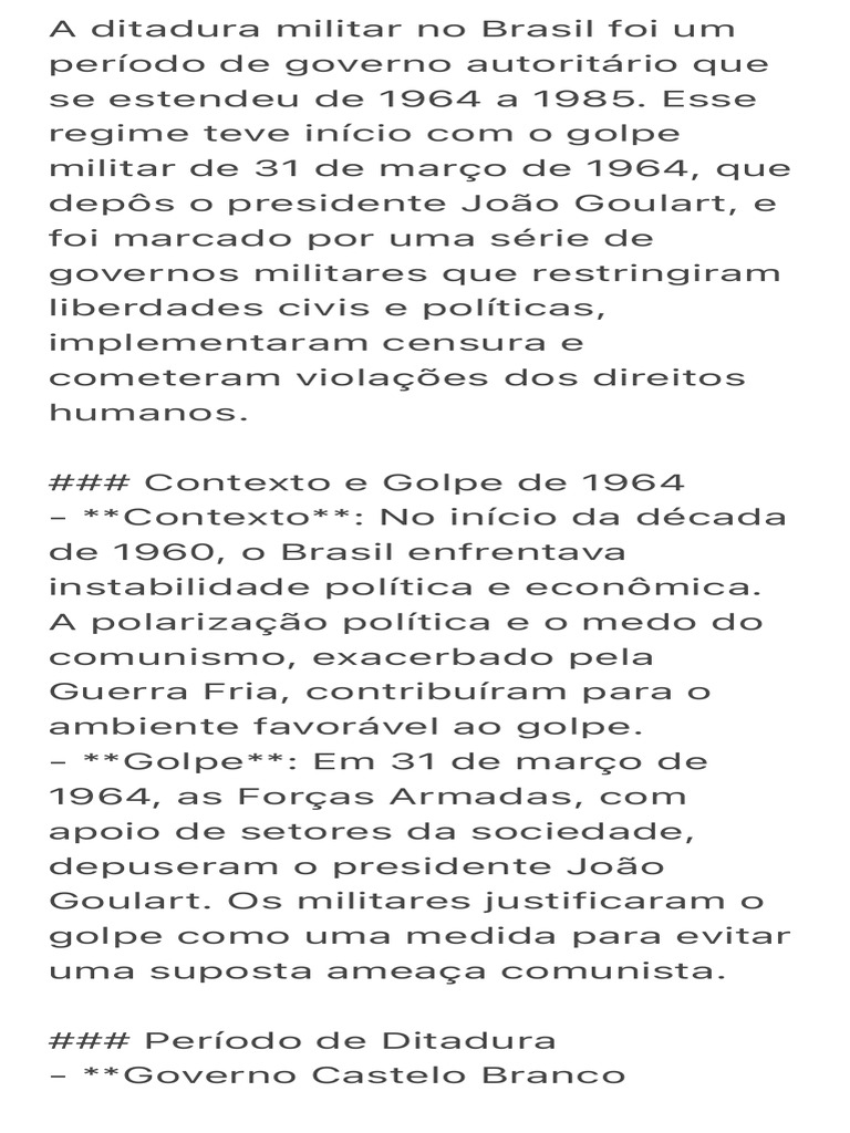 A Ditadura Militar No Brasil Foi Um Período de Governo Autoritário ...