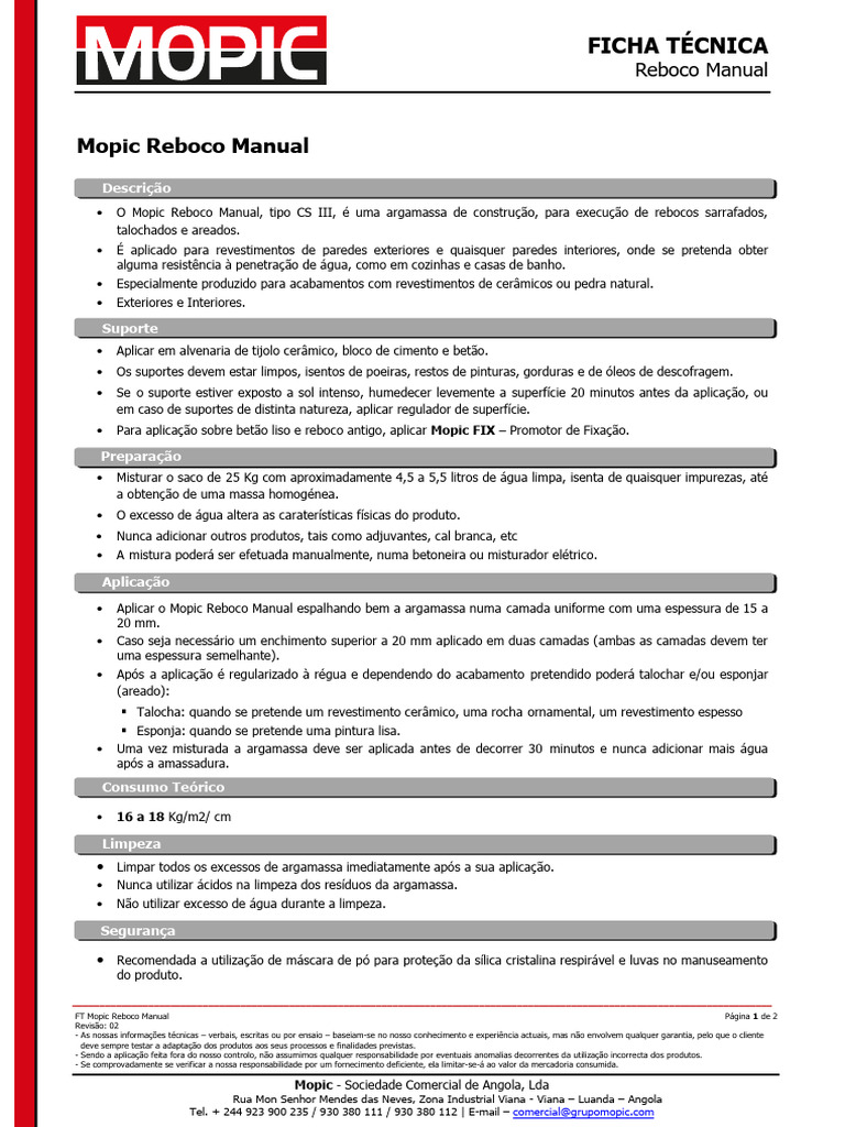 Ficha Técnica do Reboco Manual Mopic | PDF | Argamassa (alvenaria ...