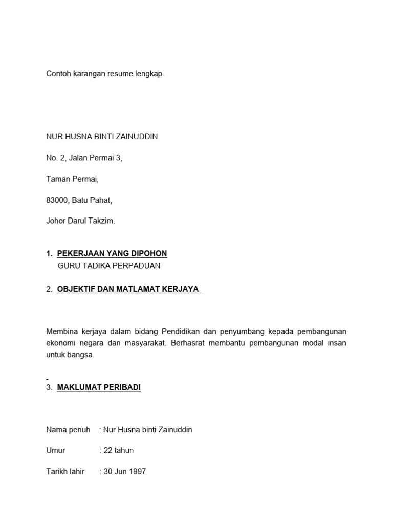 Contoh Karangan Resume Lengkap | PDF