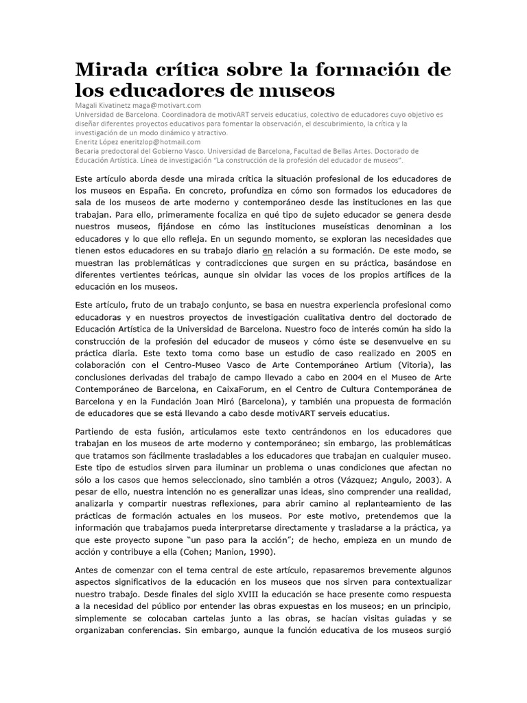 Mirada Crítica Sobre Los Educadores de Mueso | PDF | Aprendizaje | Museo