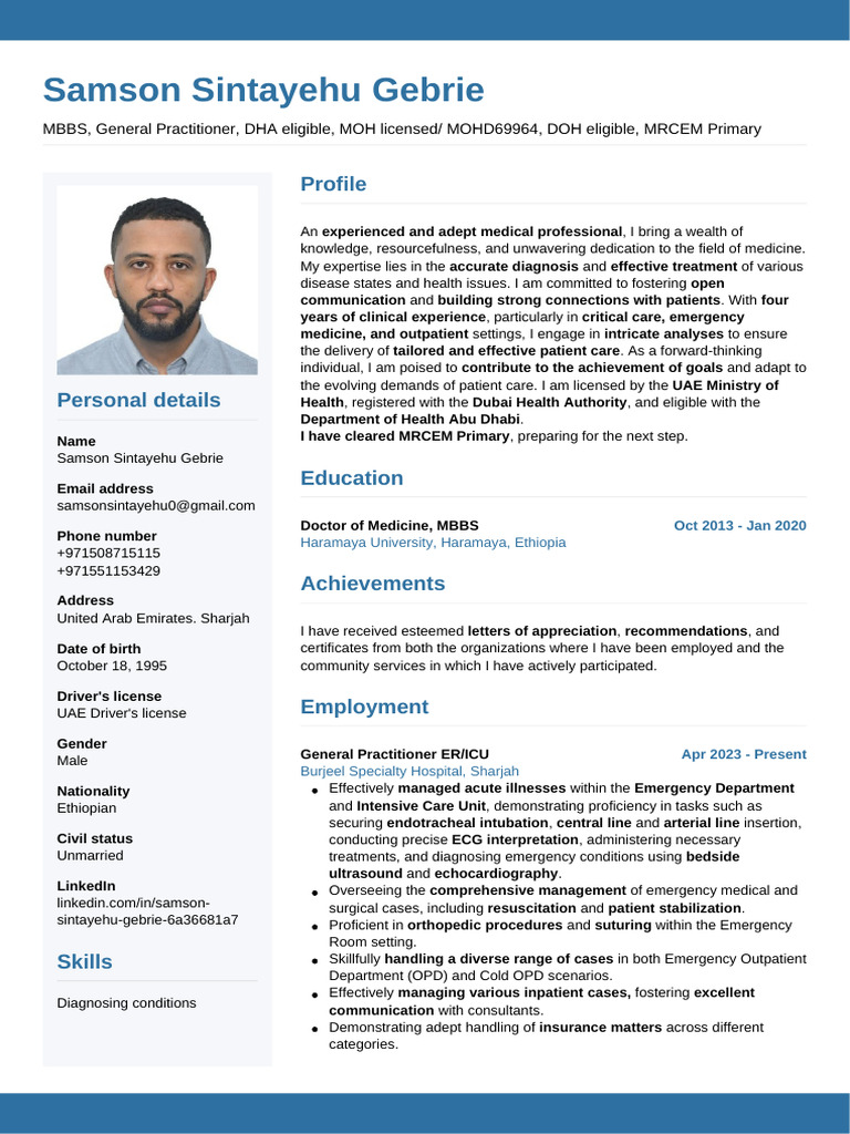 Ethiopian Doctor CV Sample | PDF | Emergency Department | General ...