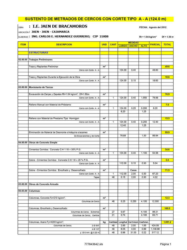 C - 2. - Metrado de Cerco Con Corte A - A1 | PDF | Ingeniería de Edificación | Bienes raíces