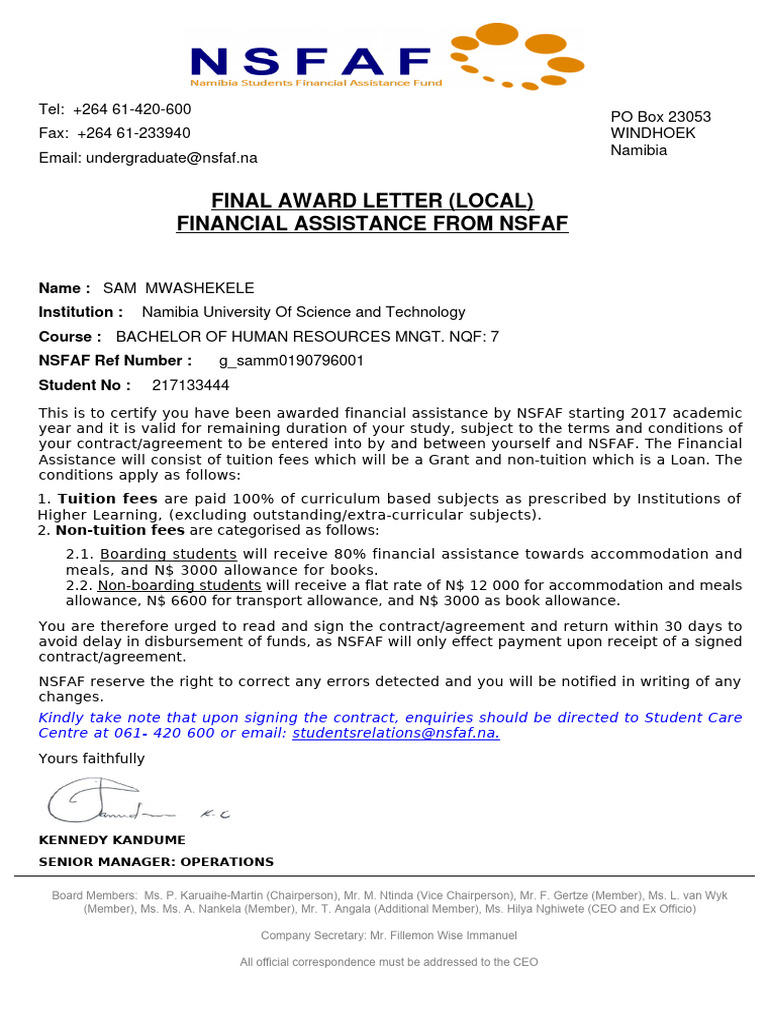 NSFAF Final Award Letter for Students | PDF