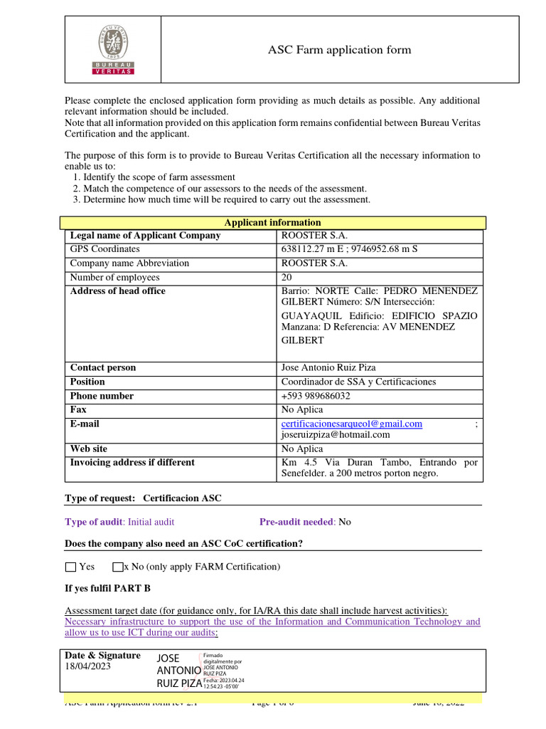 ASC Farm Application Form Bureau Veritas | PDF | Audit | Internal Audit