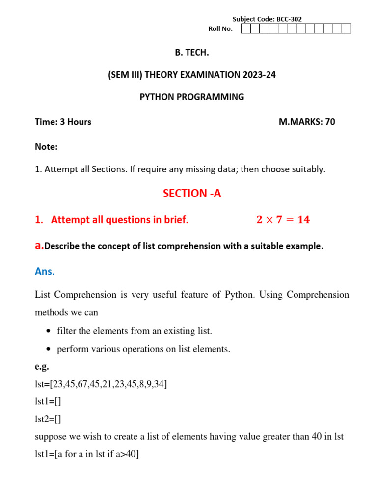 Sol PYTHON PROG - III Sem Question Paper (2023-24) Odd | PDF | Function (Mathematics) | String ...