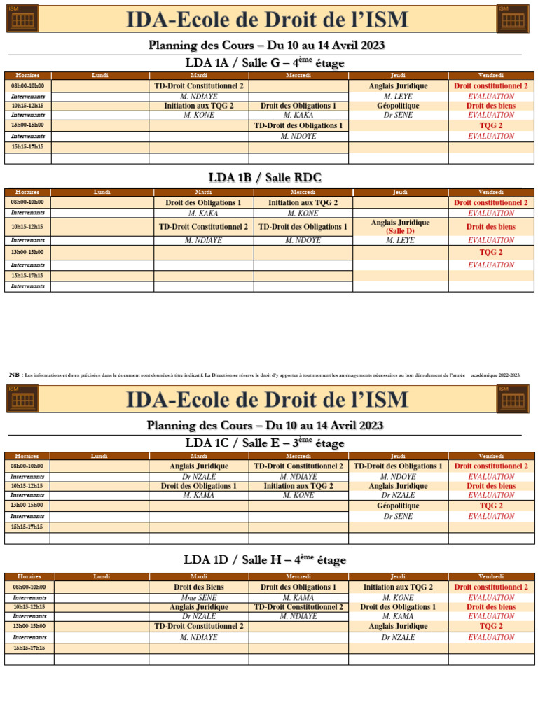 Planning des Cours du 10 au 14 Avril 2023 | PDF