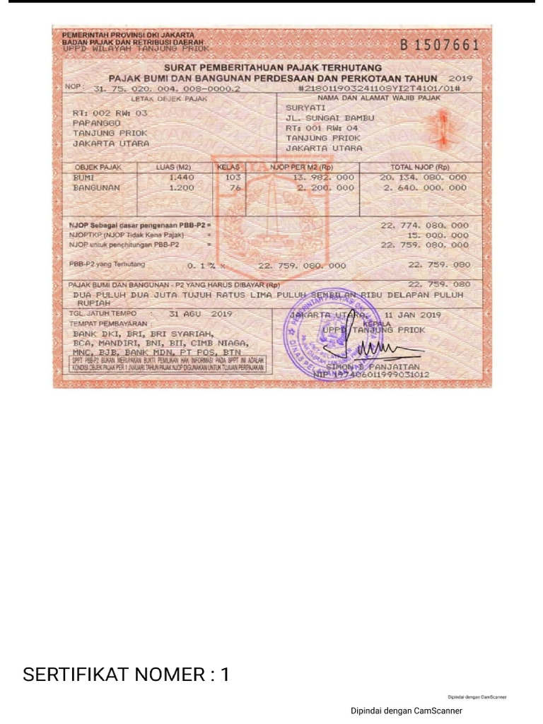 PBB 6 Surat Papanggo (Bumi 13.982.000 & Bangunan 2.200.000) Ibu Suryati | PDF