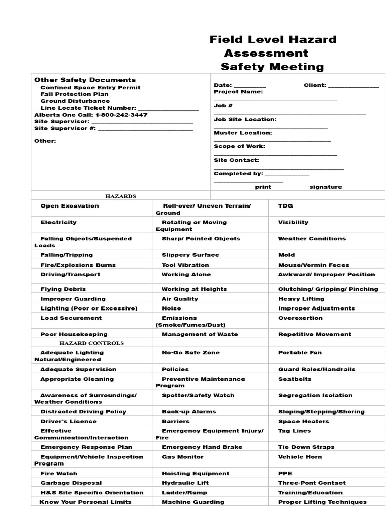 Field Level Hazard Assessment Safety Meeting | PDF | Personal ...