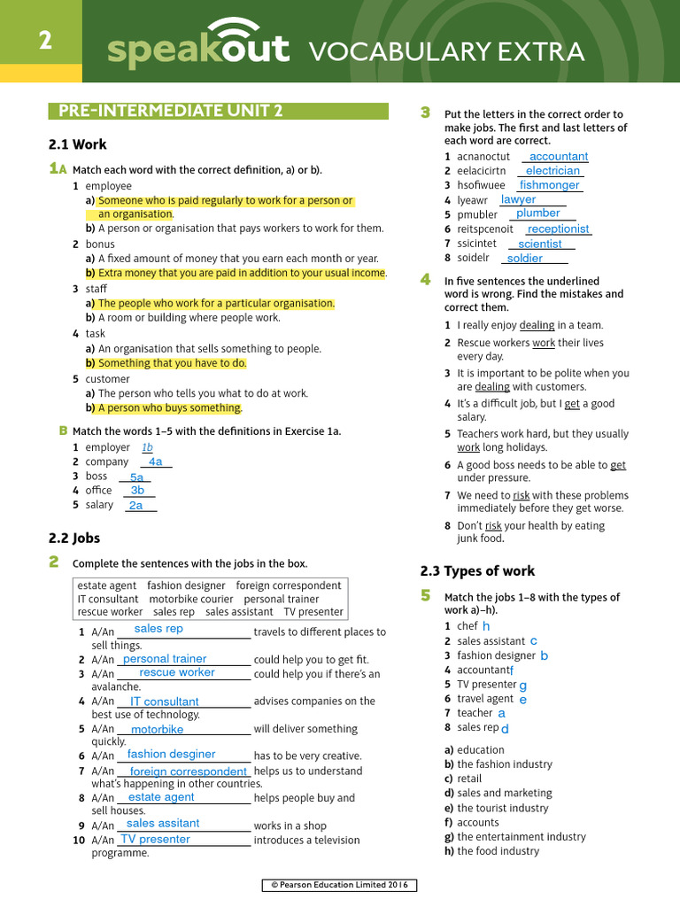 Speakout Vocabulary Extra Pre-Intermediate Unit 2 IDANIA LINO | PDF | Employment | Salary
