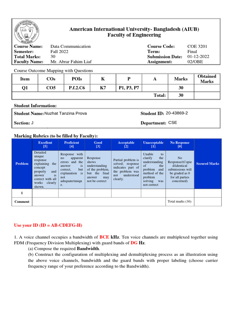AIUB Data Communication Assignment 2022 | PDF | Multiplexing | Bandwidth (Signal Processing)