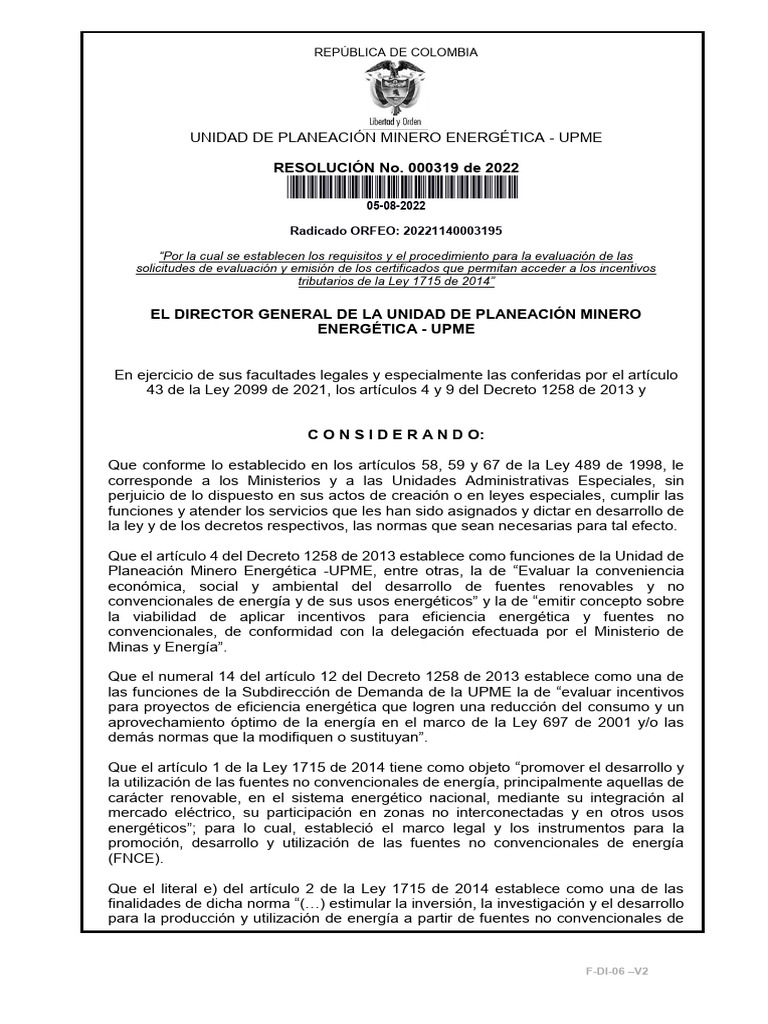 Resolución UPME 319-2022 (Cert - UPME) VIGENTE 1 | PDF | Uso eficiente ...
