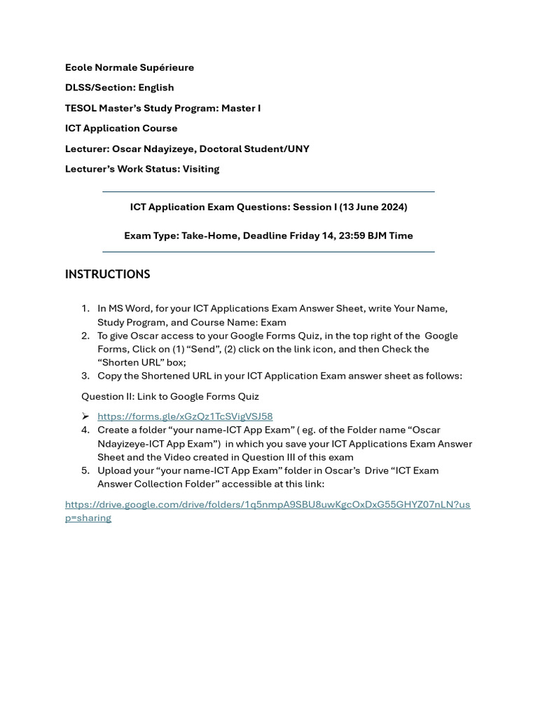 ICT Application Exam Questions - Session I (13 June 2024) | PDF