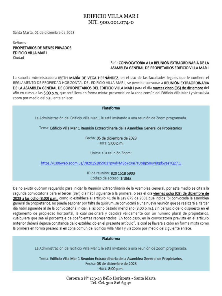 Convocatoria Asamblea Extraordinaria Edificio Villa Mar 1 | PDF | Hogar y jardín