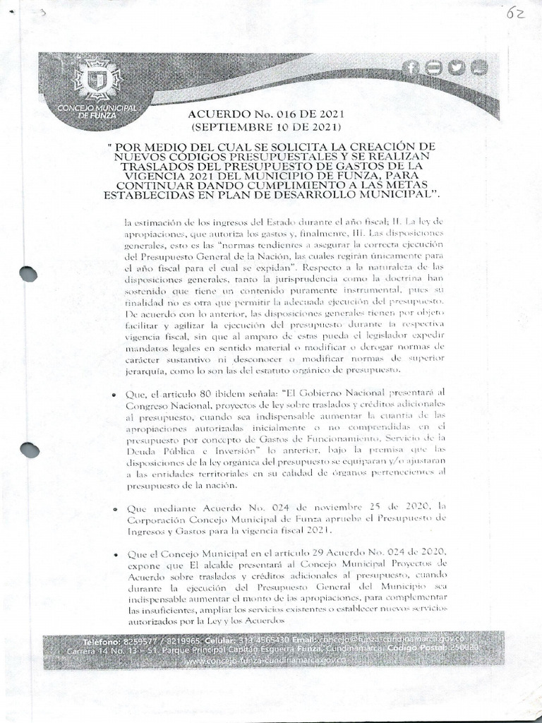 ACUERDO No. 016 DE 2021 (TRASLADOS) - 0001 | PDF