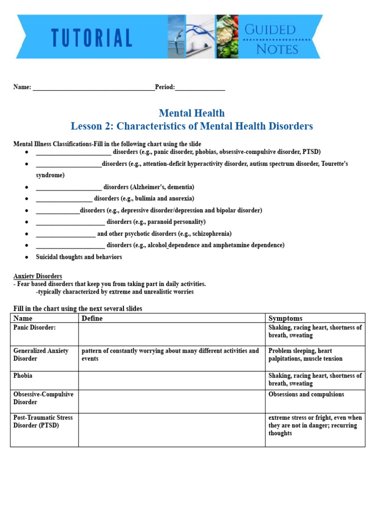 6B Tutorial - Characteristics of Mental Health Disorders Guided Notes ...