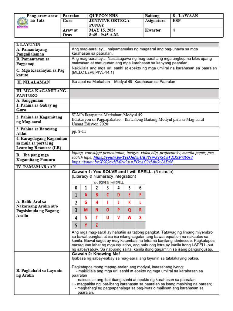 Jopunay DLP (Esp8) Quarter 4 | PDF