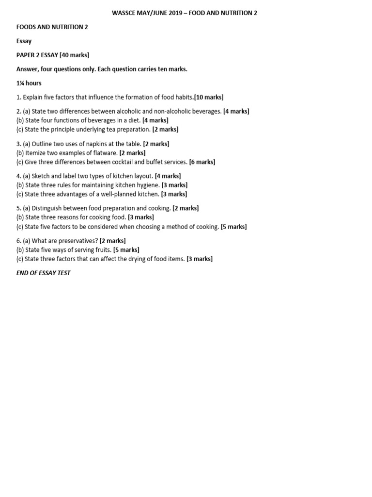 WASSCE 2019 Food and Nutrition Exam Guide | PDF
