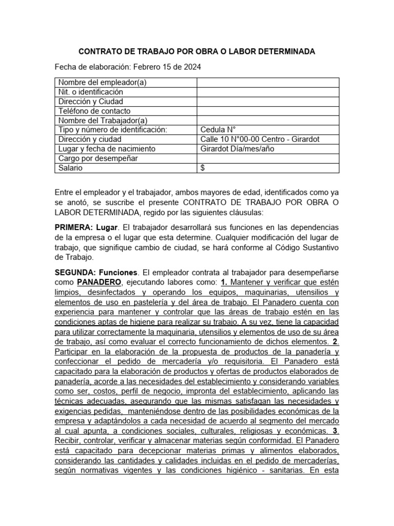 Contrato de Trabajo Por Obra o Labor Determinada | PDF | Salario