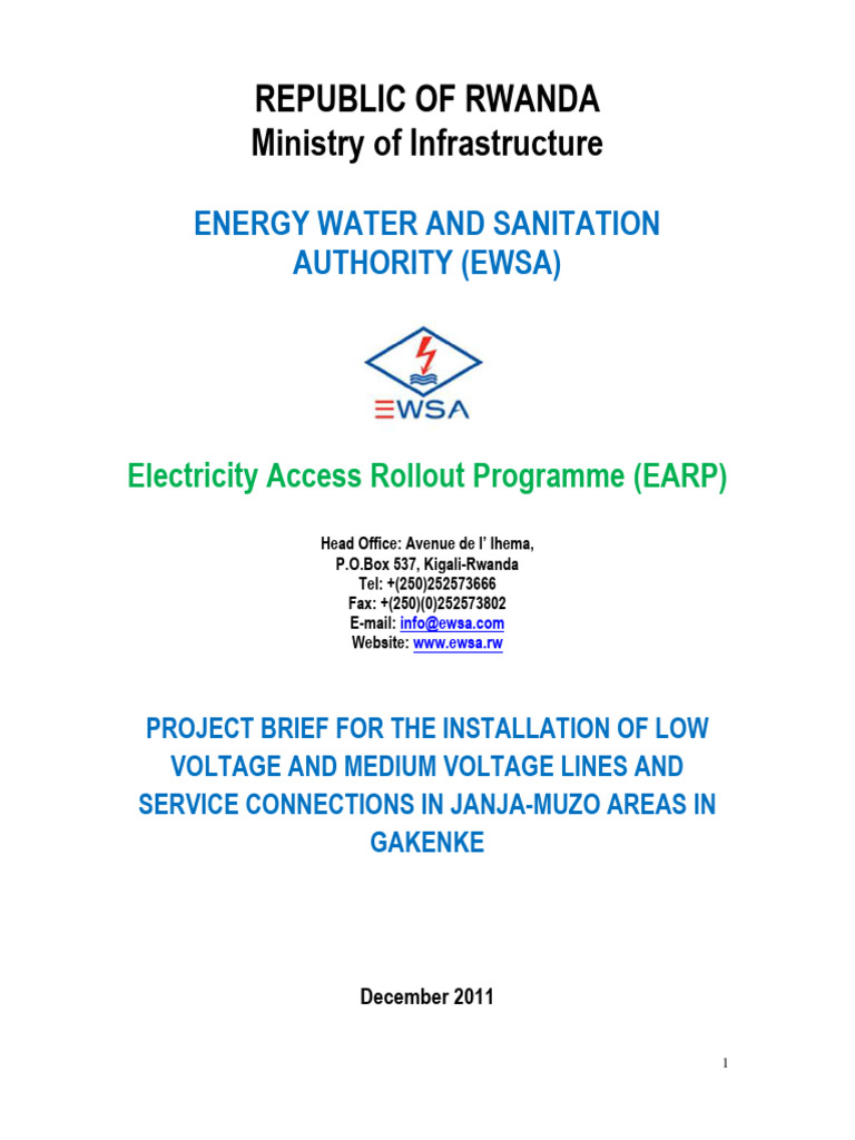 Republic of Rwanda Ministry of Infrastructure: Energy Water and Sanitation Authority (Ewsa ...