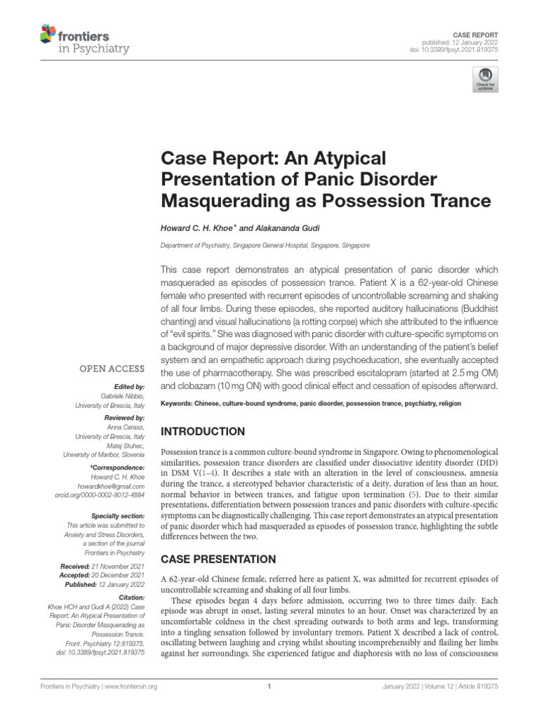Case Report An Atypical Prsentation of Panic Disorder Masquerading As Possession Trance | PDF ...